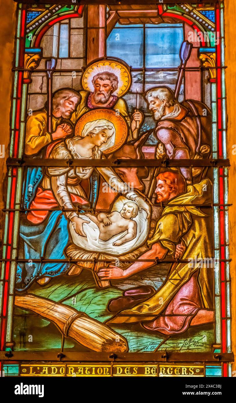 Nativity stained glass, Basilica Notre-Dame De Nice, Cote d'Azur ...