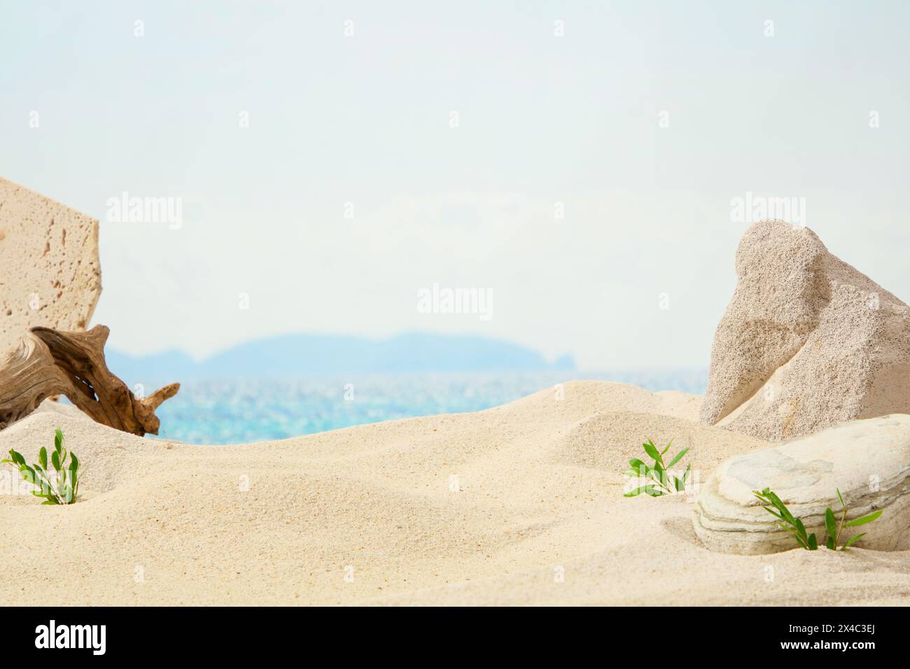 Empty sandy beach in front of the summer sea, surrounded by gray rocks ...
