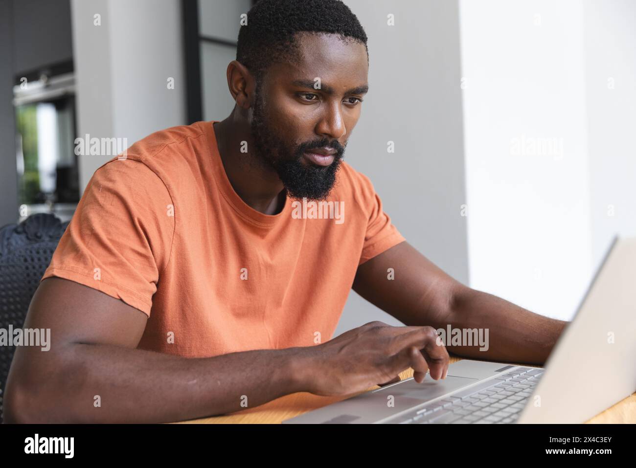 African American male homeowner using laptop at home. He has beard ...