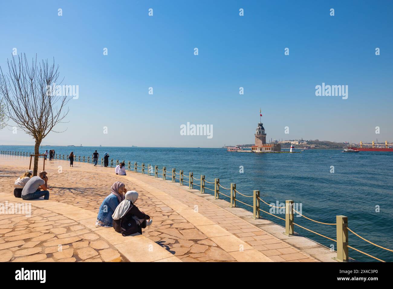 Kiz Kulesi aka Maiden's Tower view from newly constructed coast of Salacak. Istanbul Turkiye - 4 ...