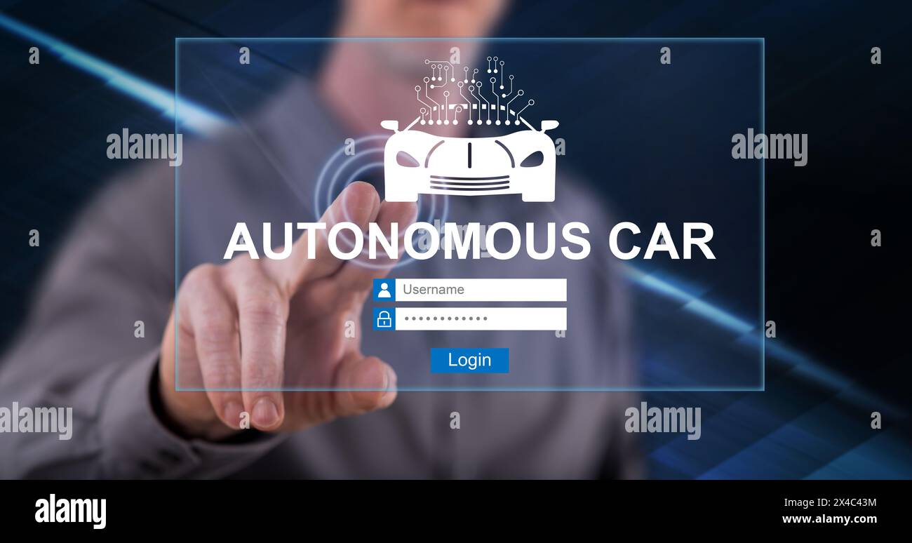 Man touching an autonomous car concept on a touch screen with his ...