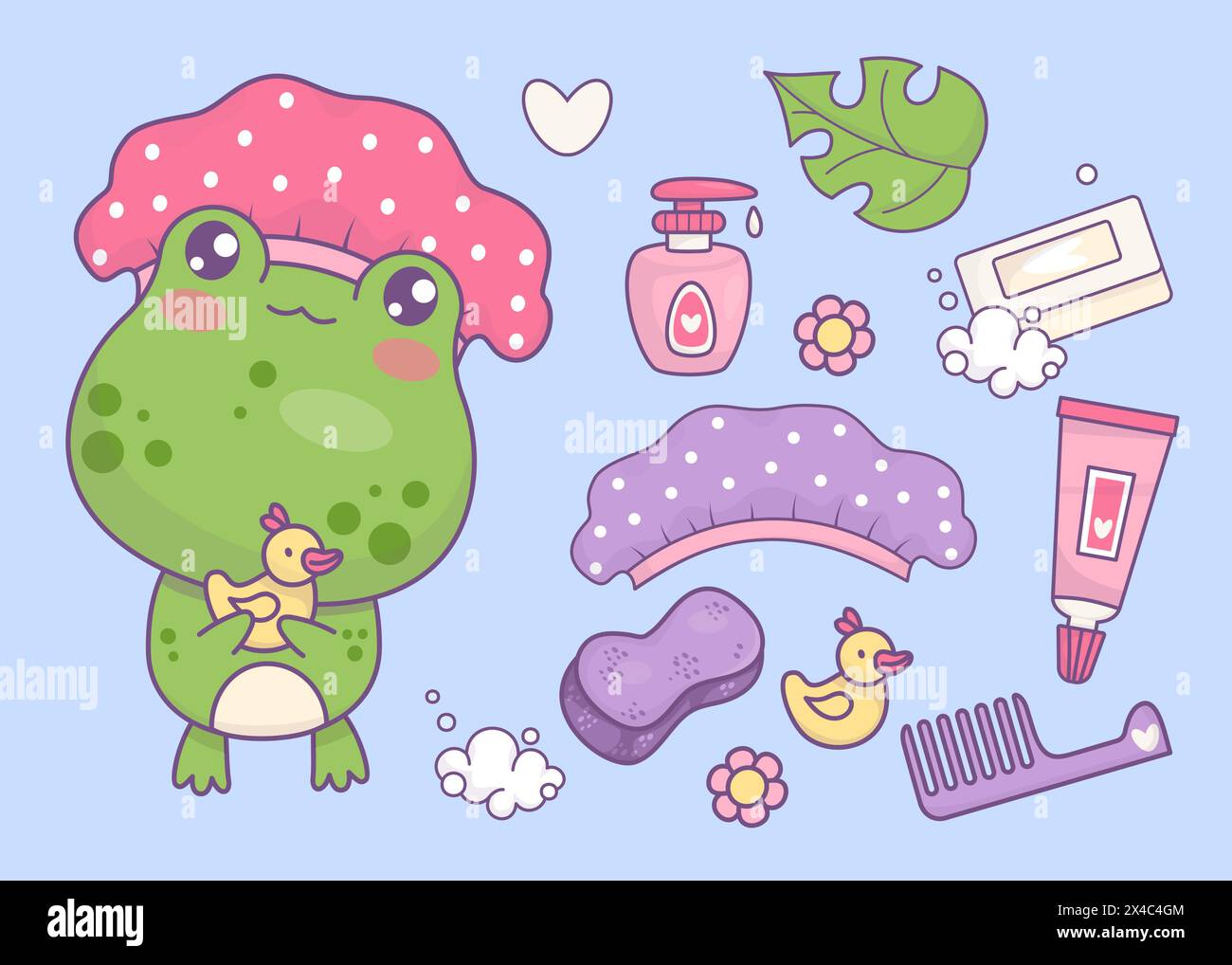 Bath-time set. Cute charming cartoon frog in shower cap with rubber ...
