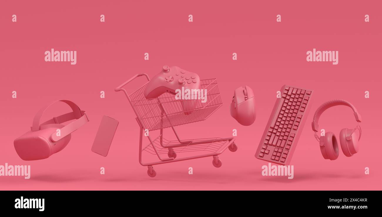 Flying gamer gears like mouse, keyboard, joystick, headset, VR Headset ...