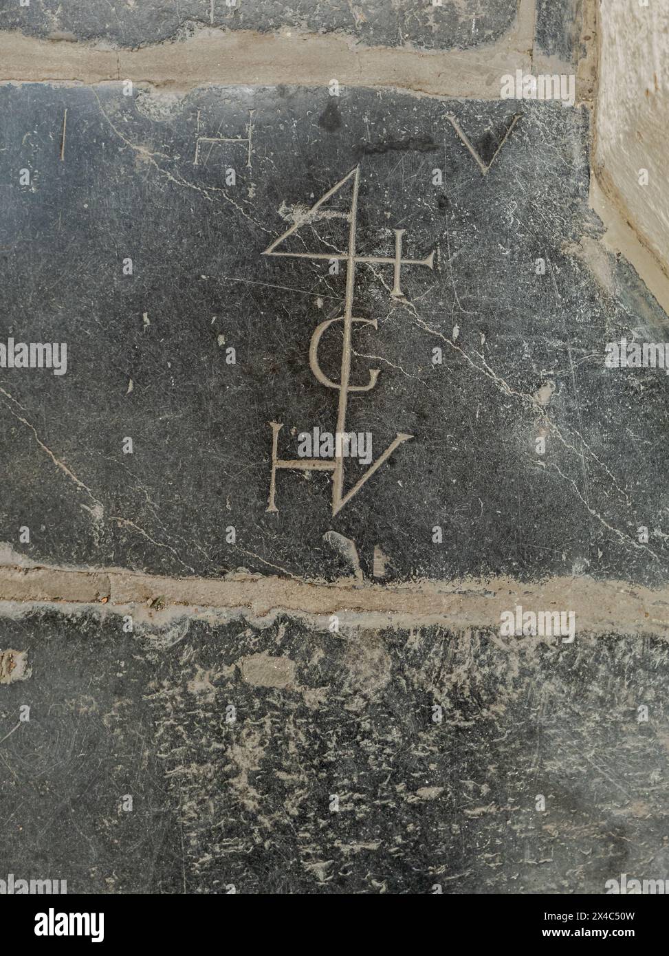 Symbol engraving on a floor slab of the Hooglandse Kerk in Leiden Stock ...