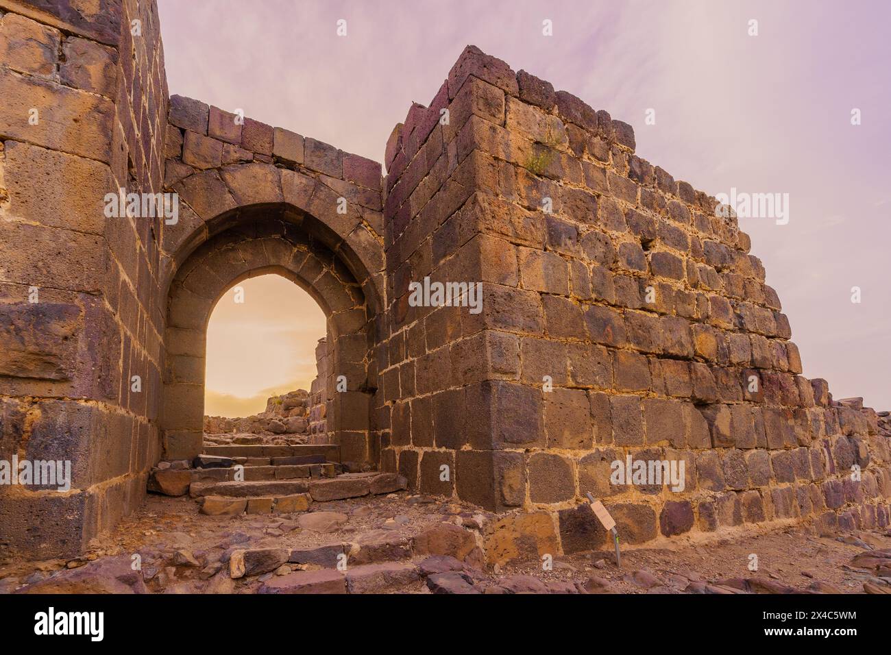 Sunset view of the main gate of the crusader Belvoir Fortress (Kochav ...