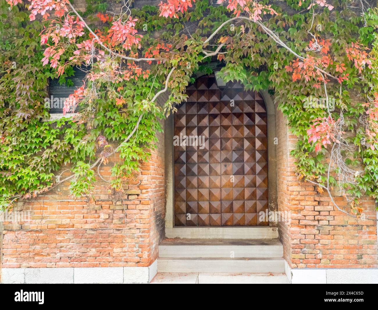 Italy, Venice. Canal-side doorway to home, with unique wooden door and ...