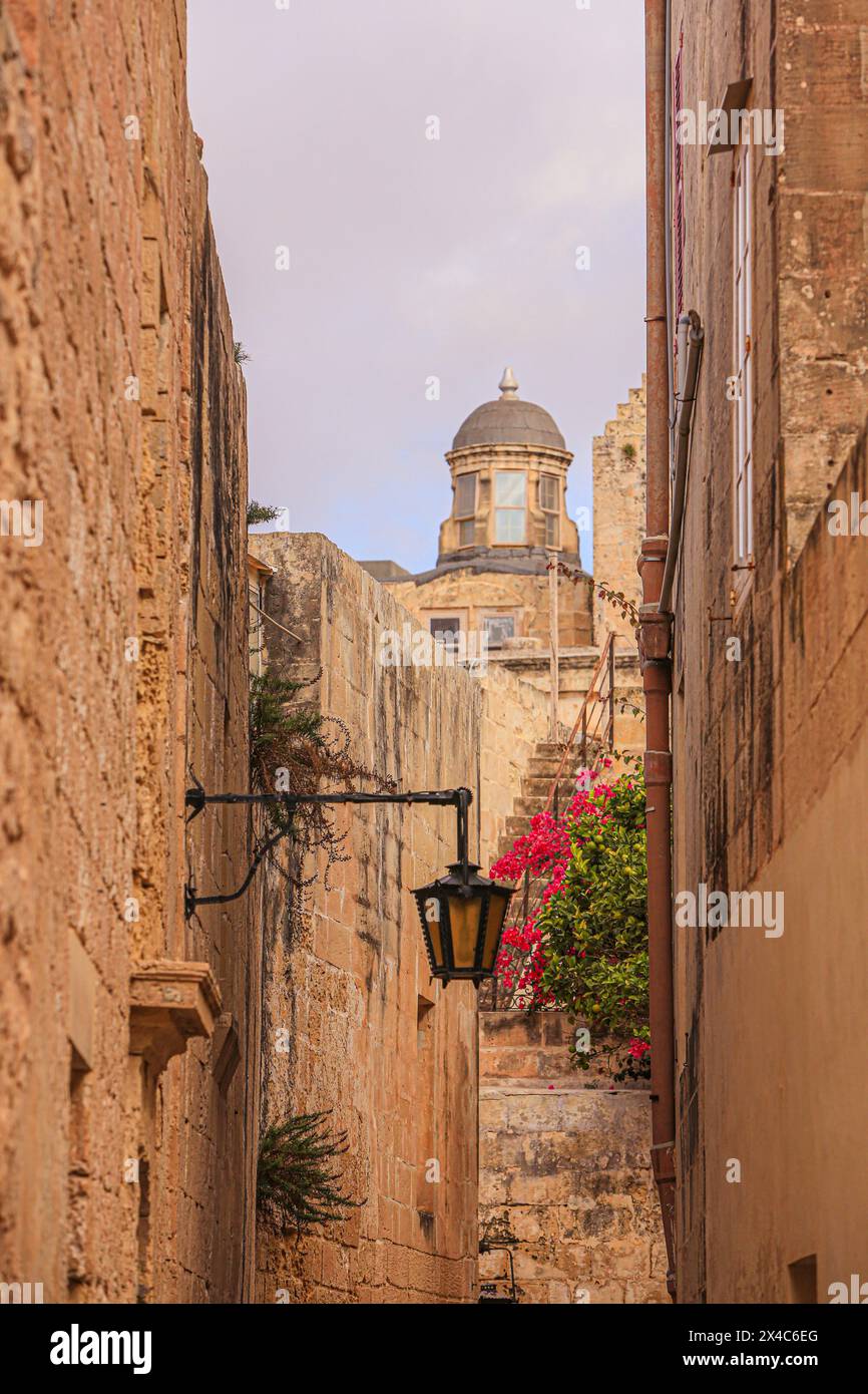 Mdina, Malta. Old walled city, narrow limestone walls, church dome ...