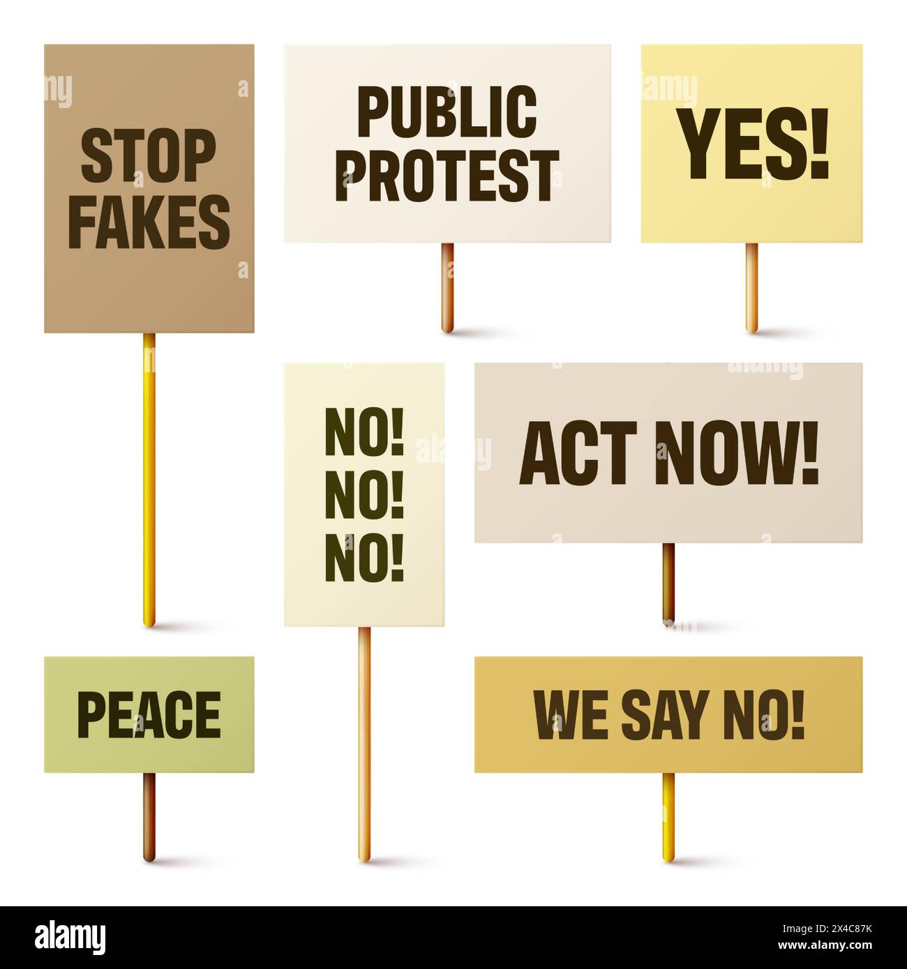 Colorful protest signs with slogan on wooden holder. Realistic vector ...