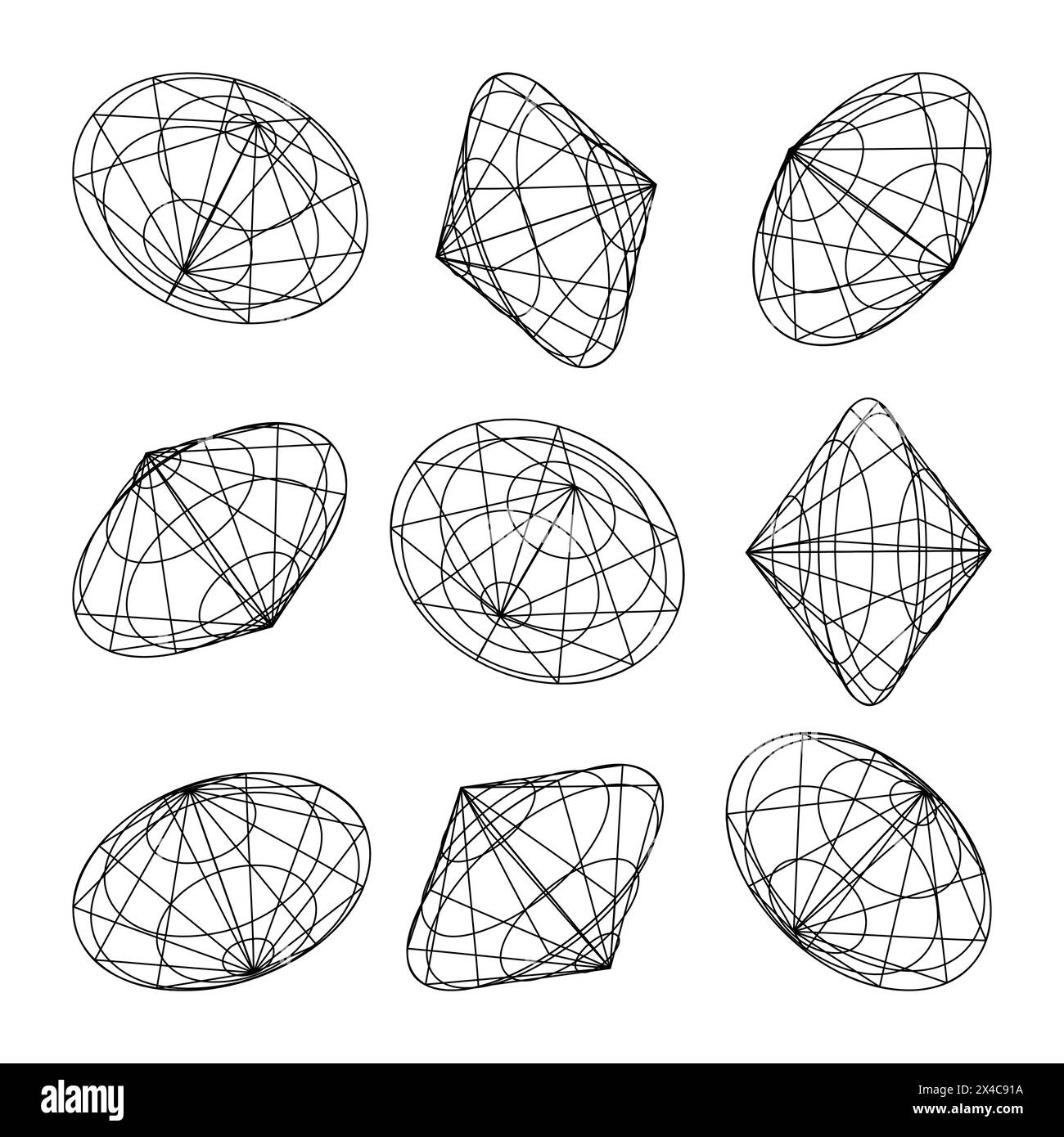 Wireframe lined shapes. Perspective mesh, 3d grid. Low poly geometric ...