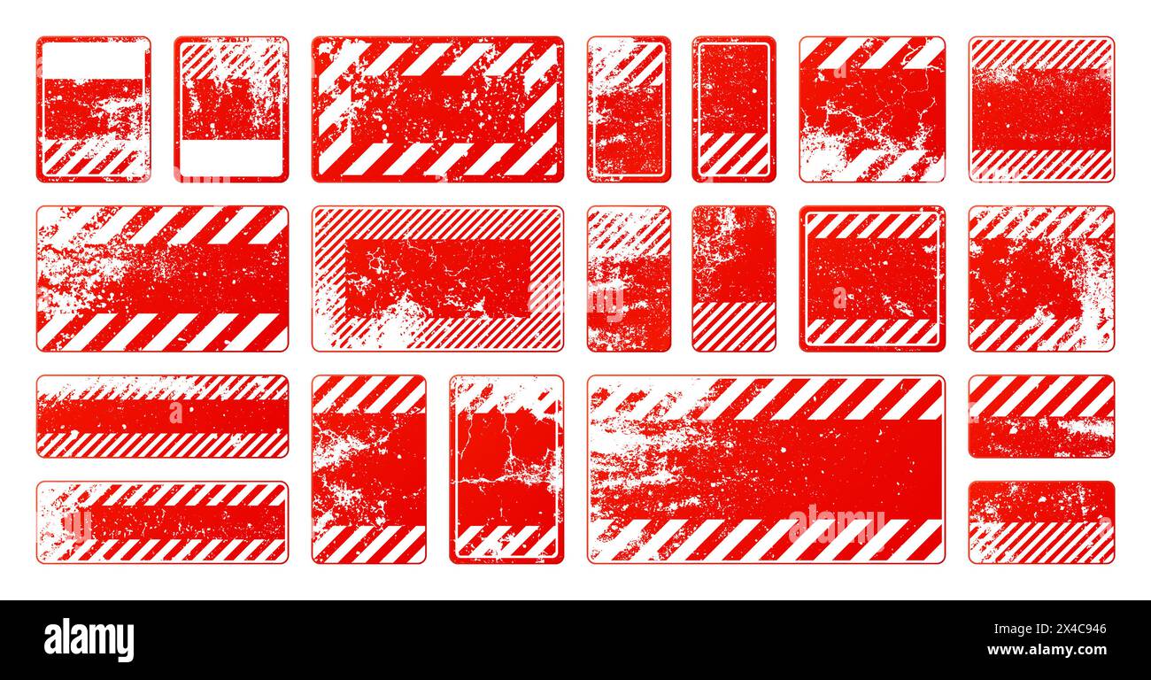 Red grunge warning signs with diagonal lines. Old attention, danger or ...