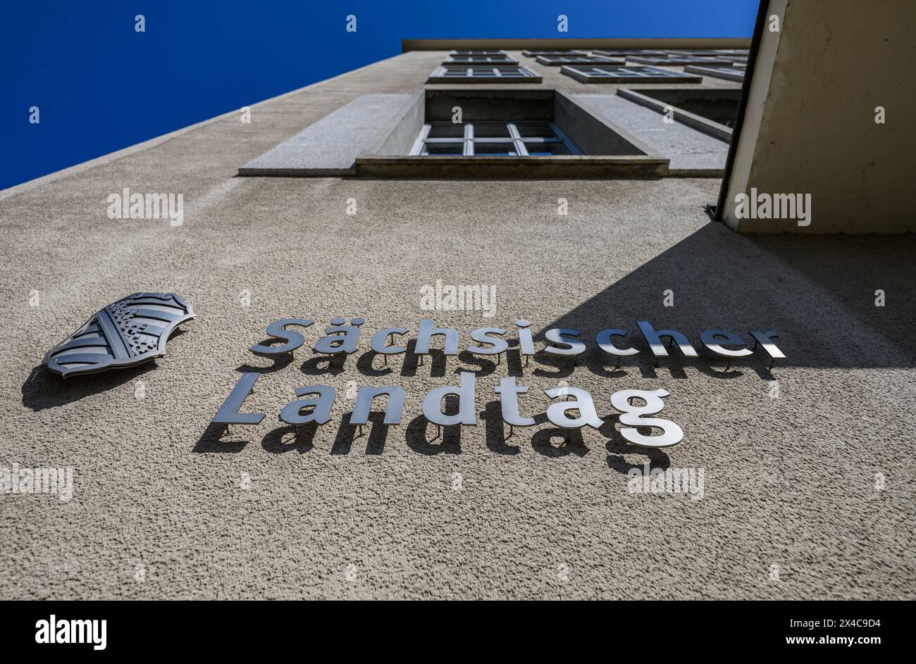 Dresden, Germany. 02nd May, 2024. Saxon State Parliament and a coat of ...