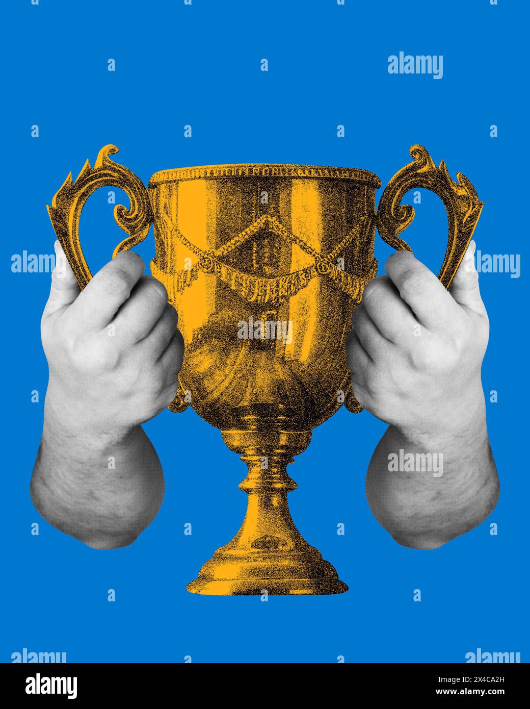 Contemporary art collage. Human hands holding giant golden trophy ...