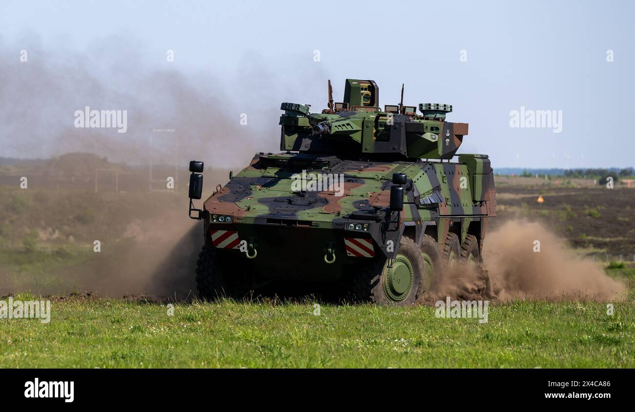 02 May 2024, Lower Saxony, Unterlüß: A Boxer wheeled armored infantry ...