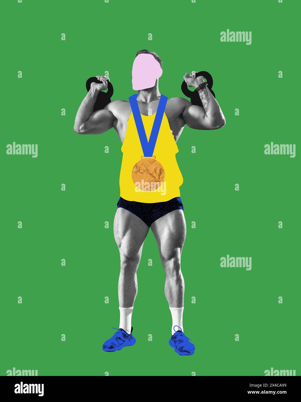 Athletic man with muscular body and gold medal, raising dumbbells ...