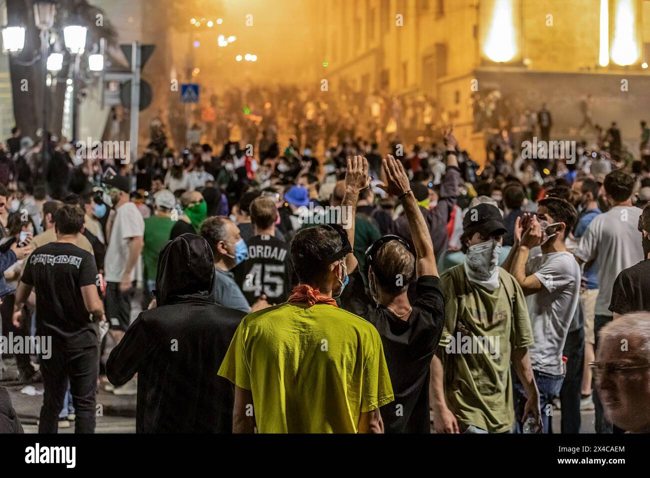 Tbilisi, Georgia. 01st May, 2024. A crowd of protesters faces police ...