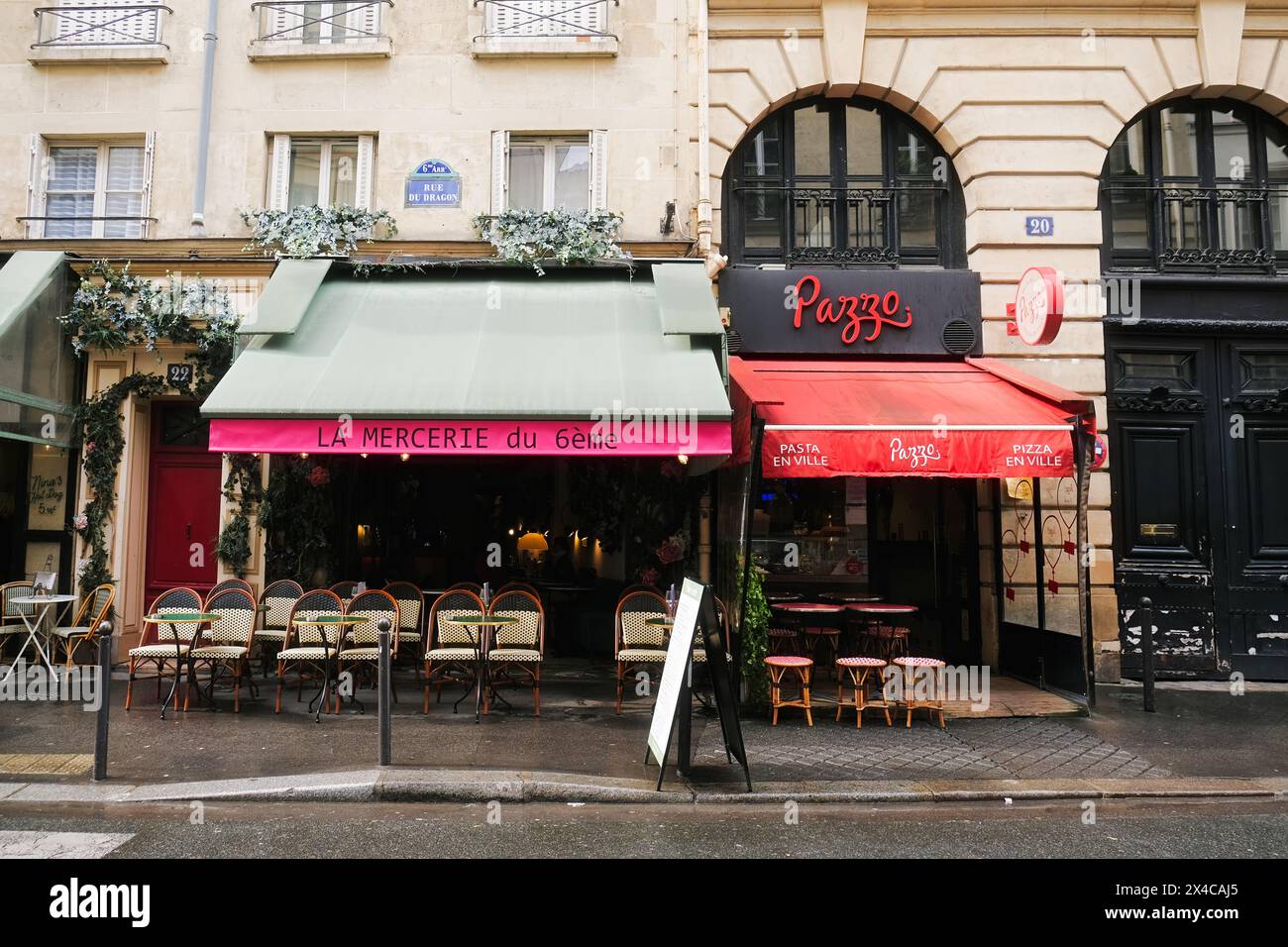 Paris, France - March 11, 2024. "La Mercerie du 6eme" and "Pazzo ...