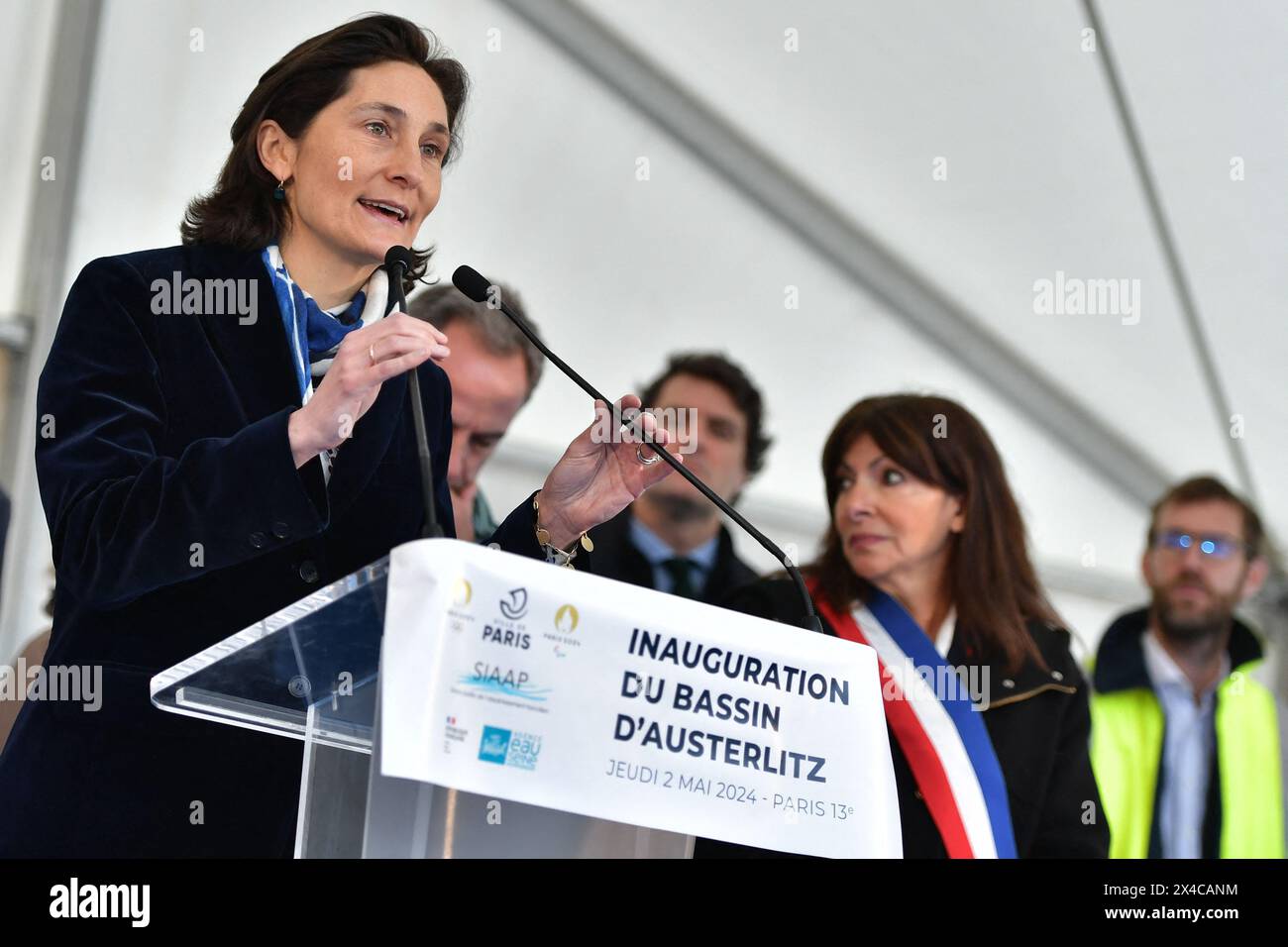 French Sports and Olympics Minister Amelie Oudea-Castera delivers a ...