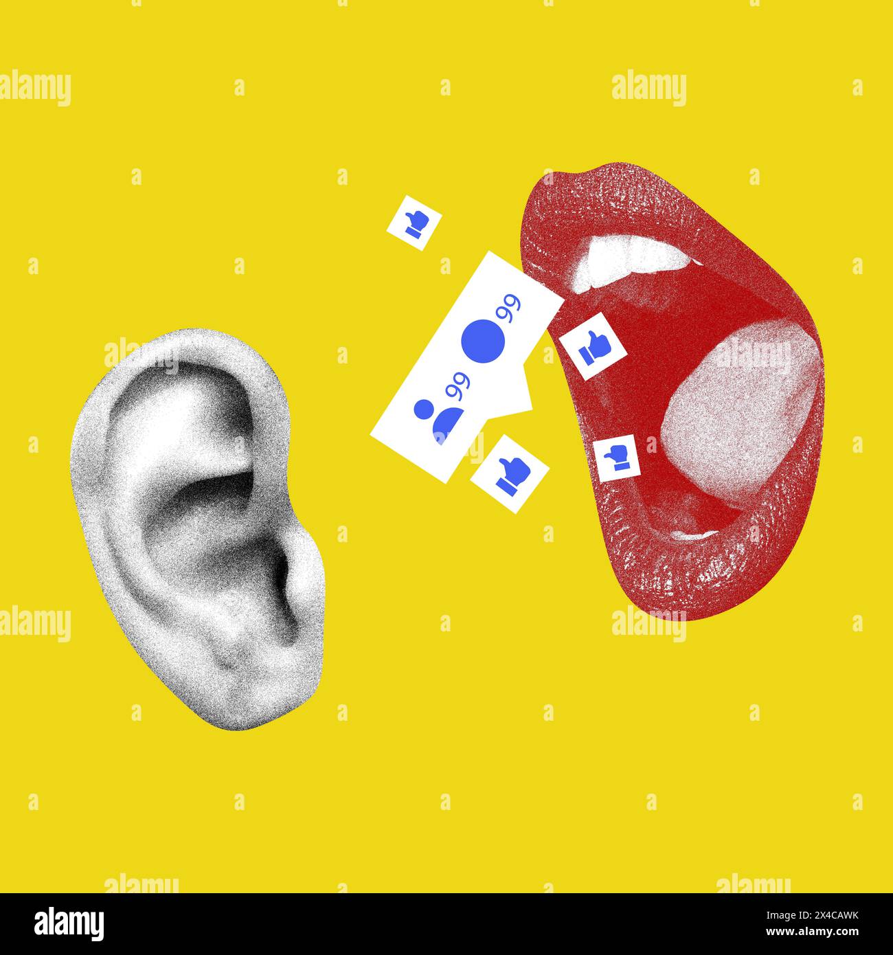 Human ear and mouth with floating social media icons of comments and ...
