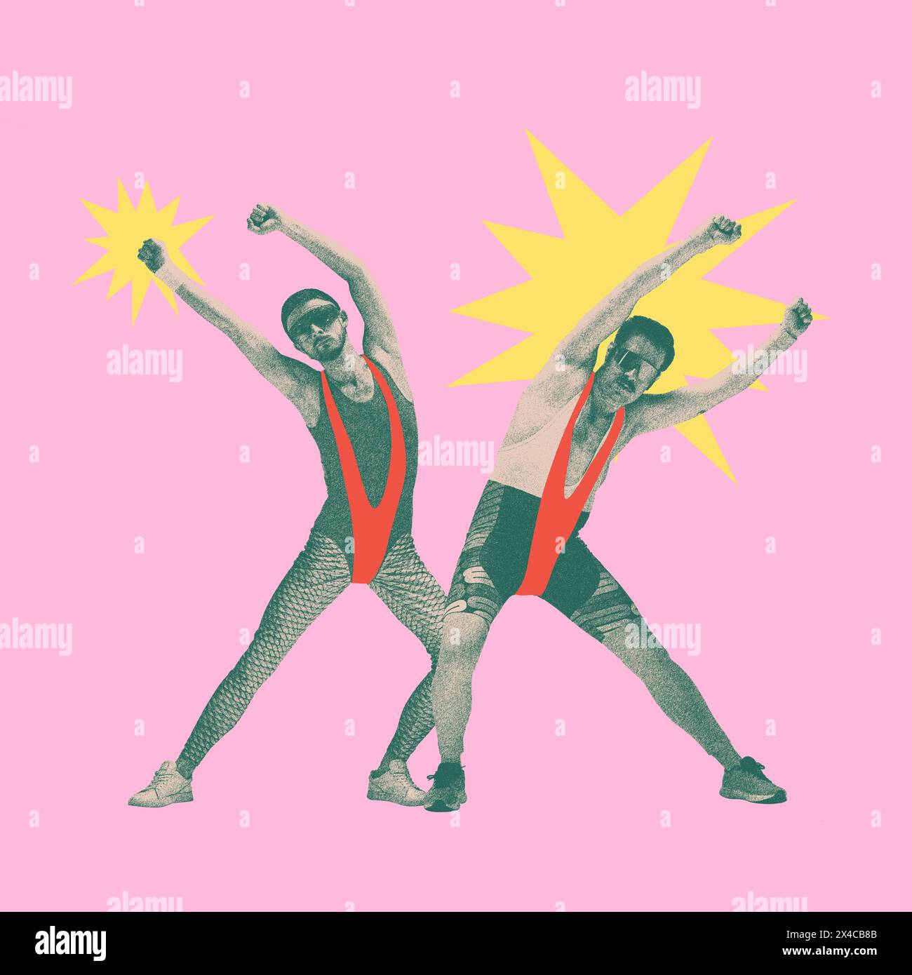 Two man in retro style sportswear dancing, training against pink ...