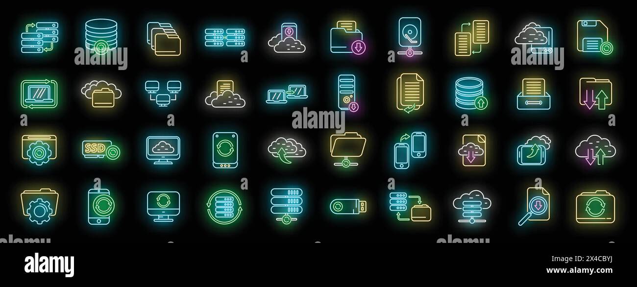 Backups icons set outline vector. Recovery data. App recover neon color ...