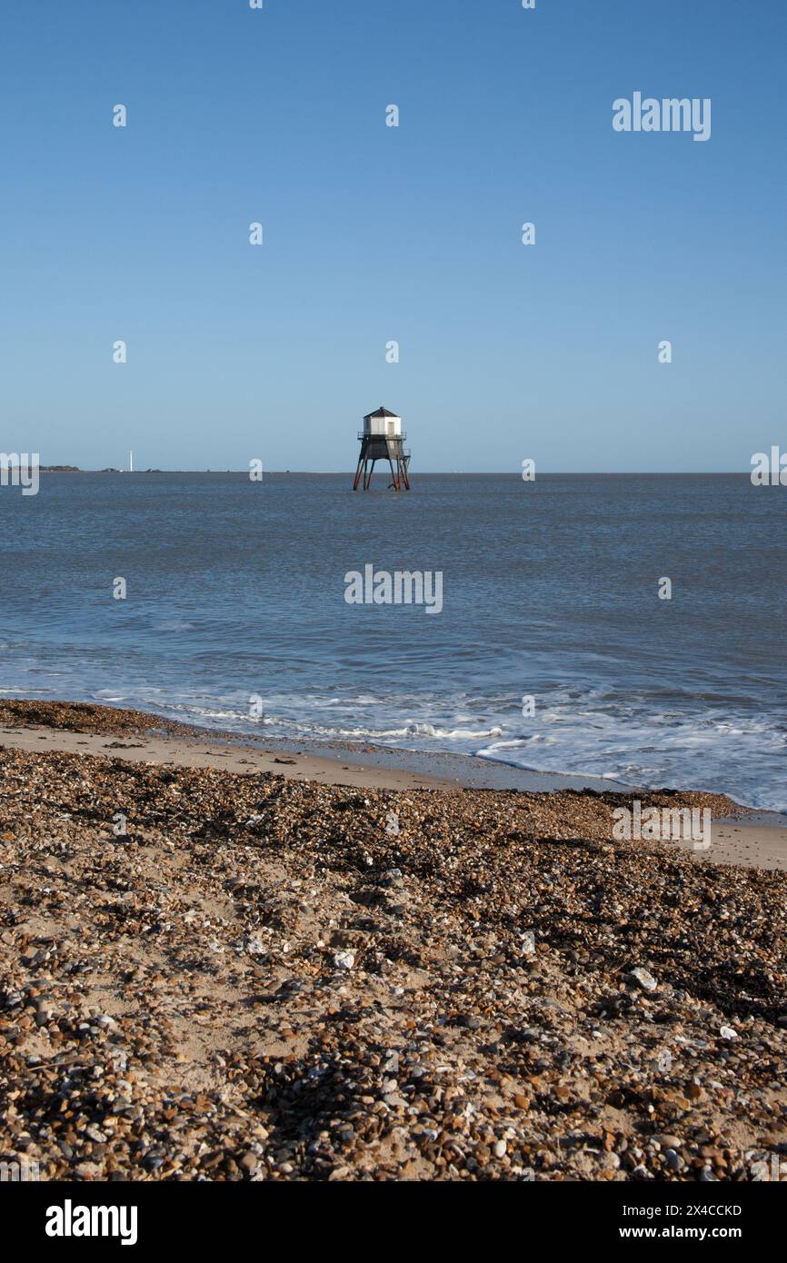 Victorian lighthouses on the beach at Dovercourt, Harwich, Essex in the ...