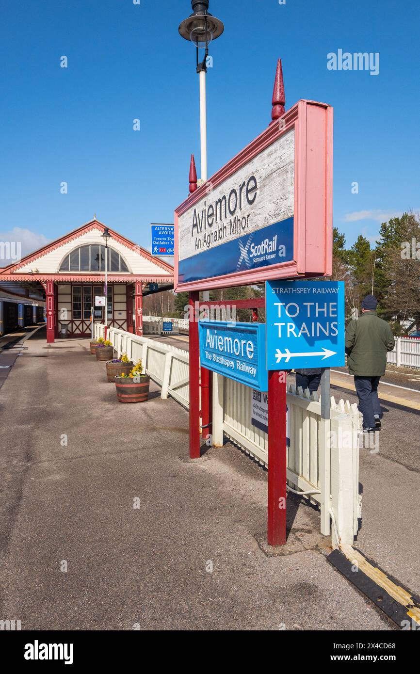 Station platform sign for the victorian design Aviemore railway station ...