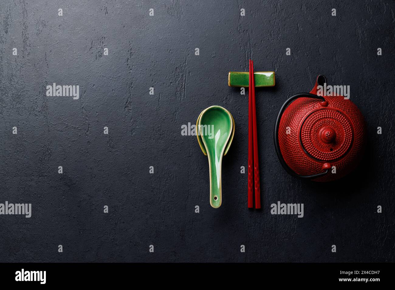 Japanese Table Setting with Teapot, Chopsticks, and Copy Space, Flat ...