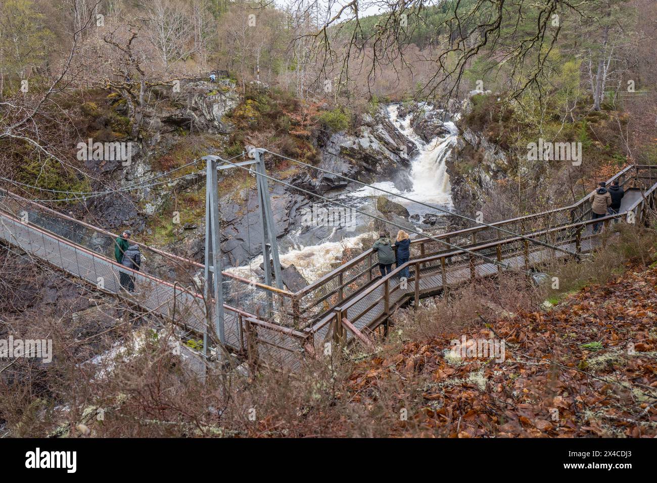 The suspension bridge which crosses over the Black water river at Rogie ...