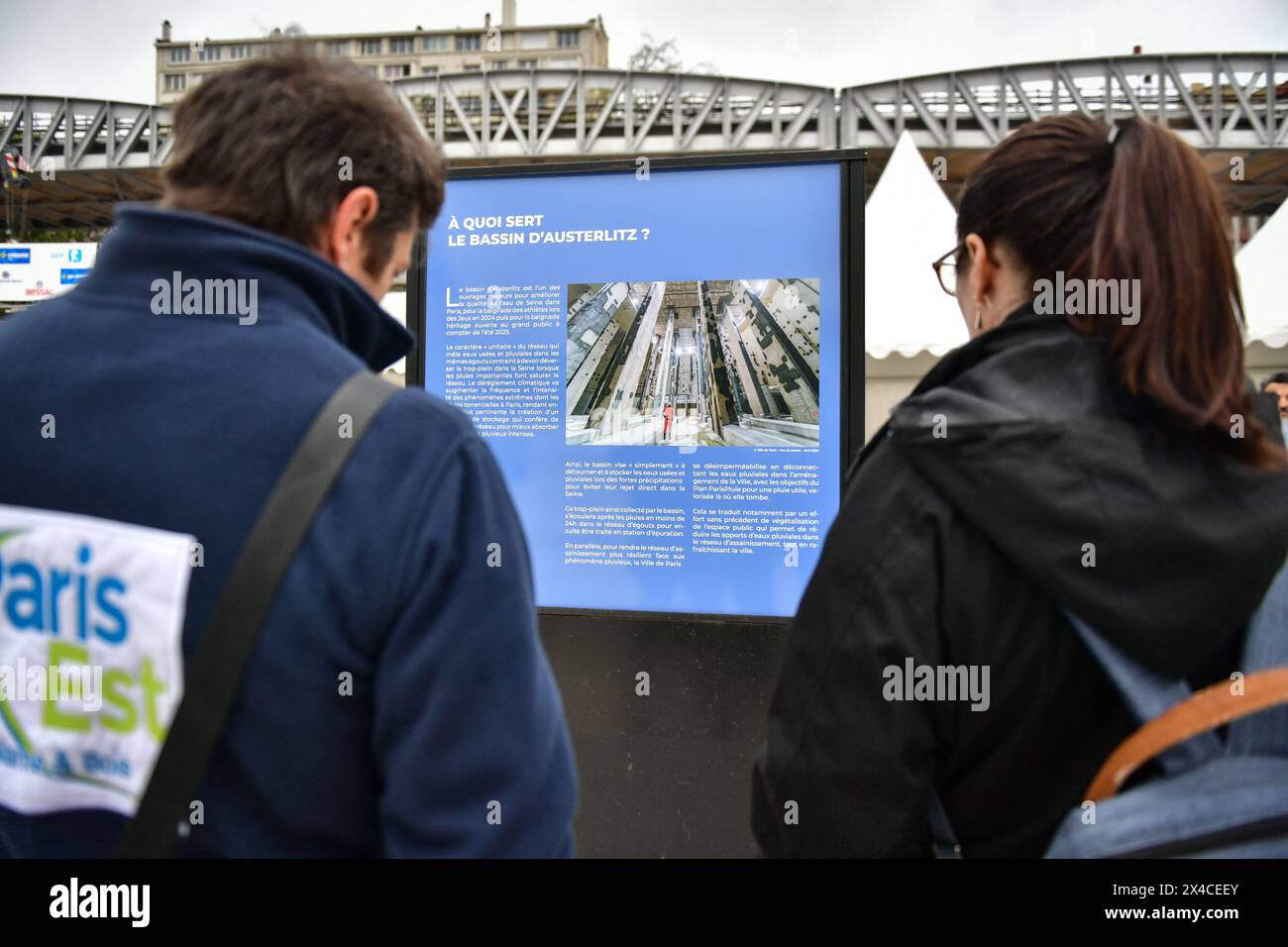 Paris, France. 02nd May, 2024. Visitors look at an informative placard ...
