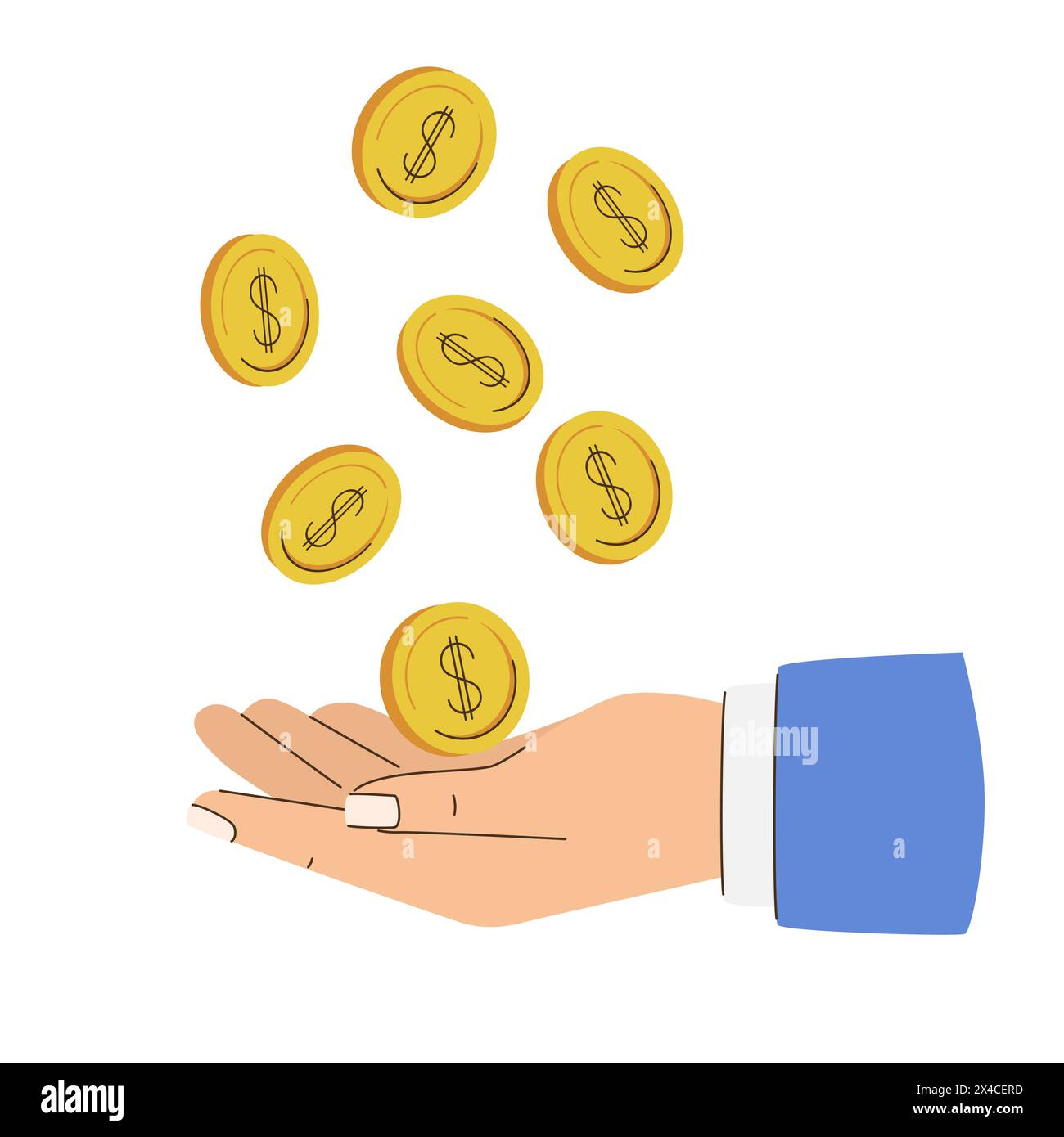 A hand is catches falling gold coins. Cash, 10 cent coins. Flat vector ...