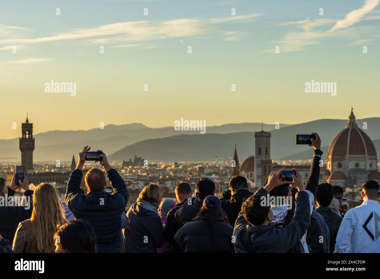 A crowd of tourists at the classic Florence viewpoint at Piazzale ...
