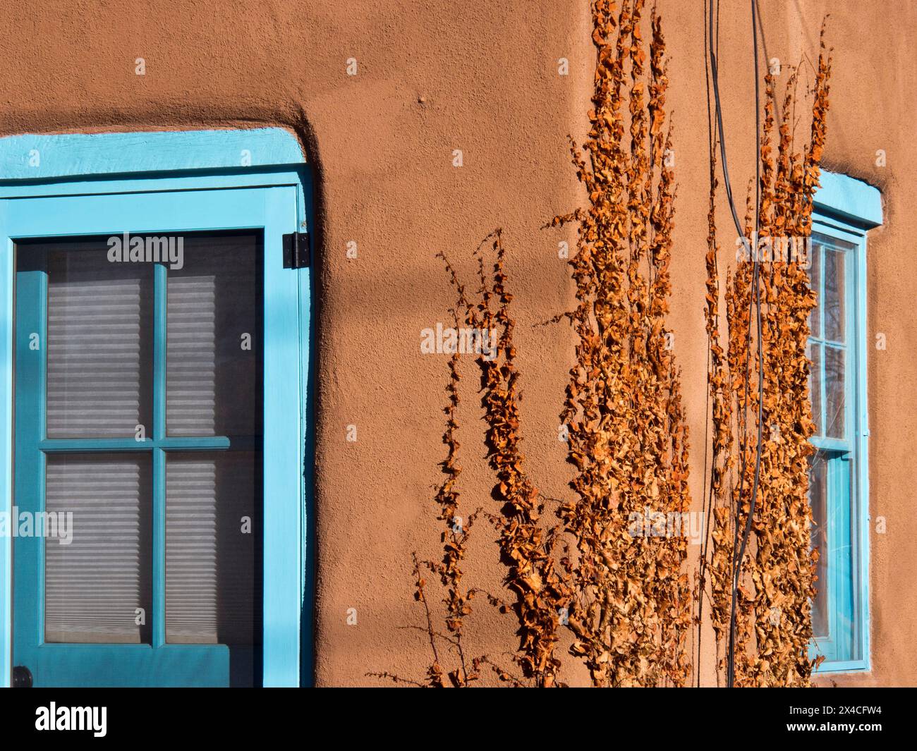 USA, New Mexico, Sante Fe. Adobe architecture with bright turquoise ...