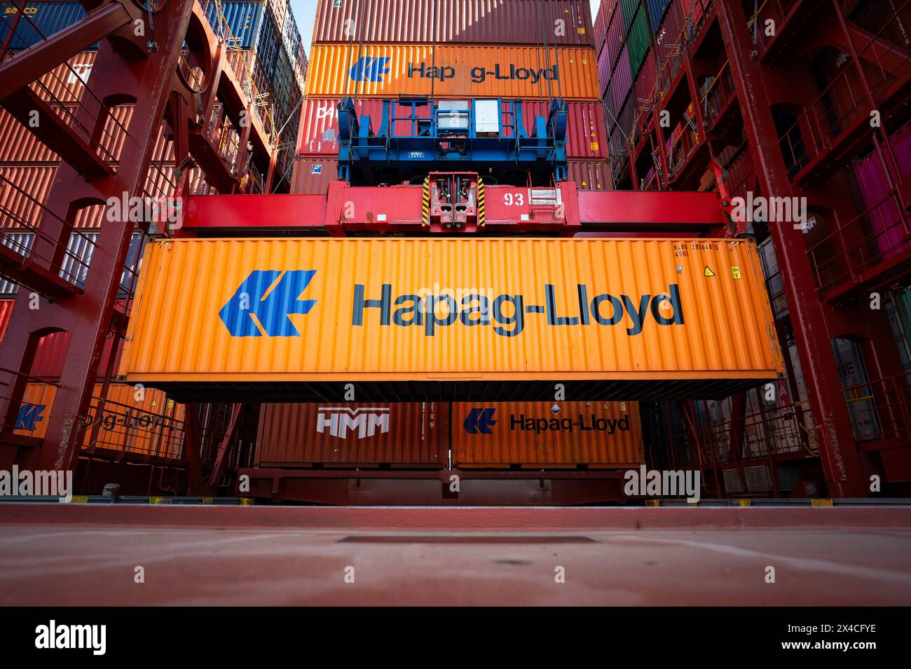 Hamburg, Germany. 02nd May, 2024. A container labeled Hapag-Lloyd on the "Berlin Express" docked ...