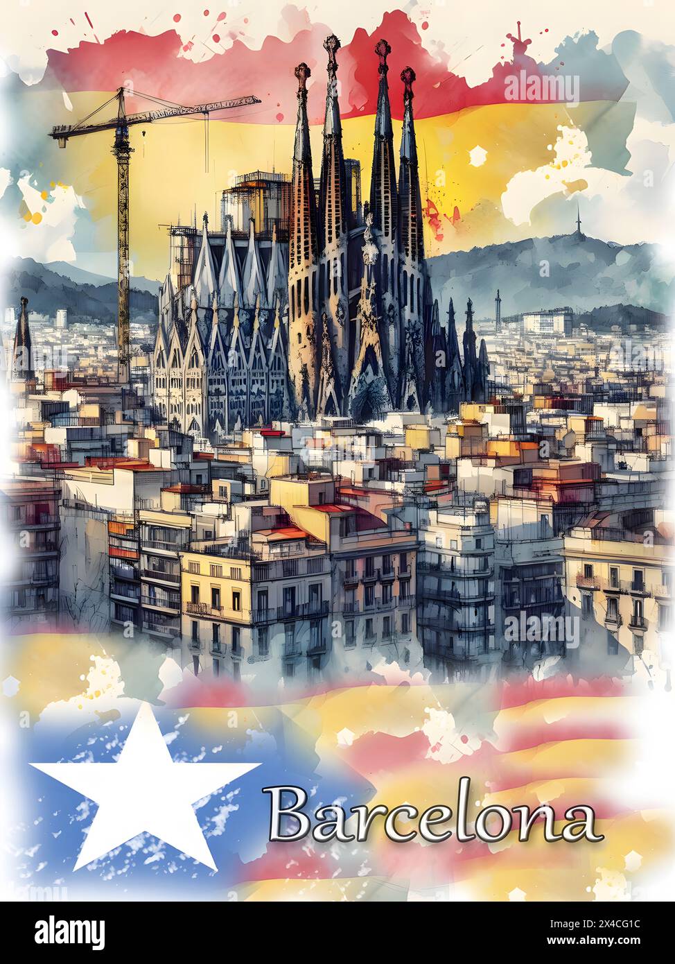 Artistic illustration of sights in Barcelona in Spain merged with ...