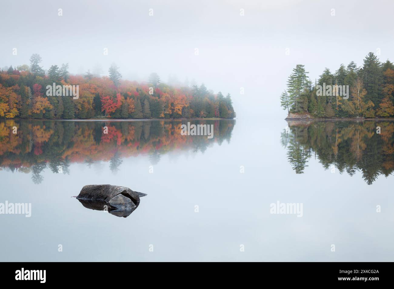 USA, New York, Adirondacks. Calm, foggy morning at Rich Lake Stock ...