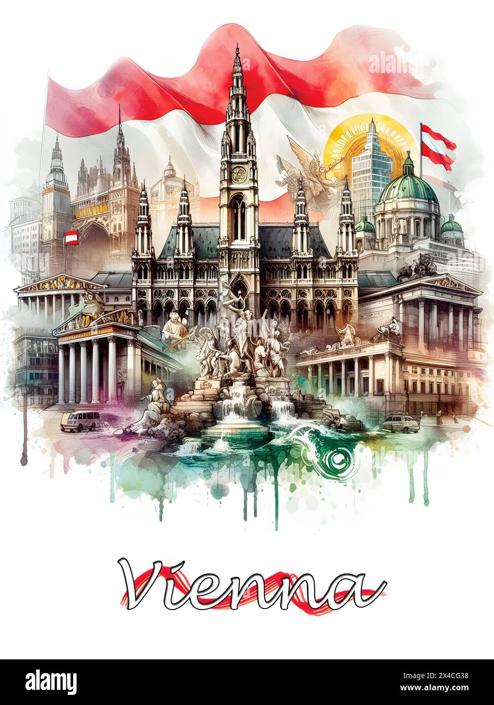 Artistic illustration of sights in Vienna city in Austria merged with ...