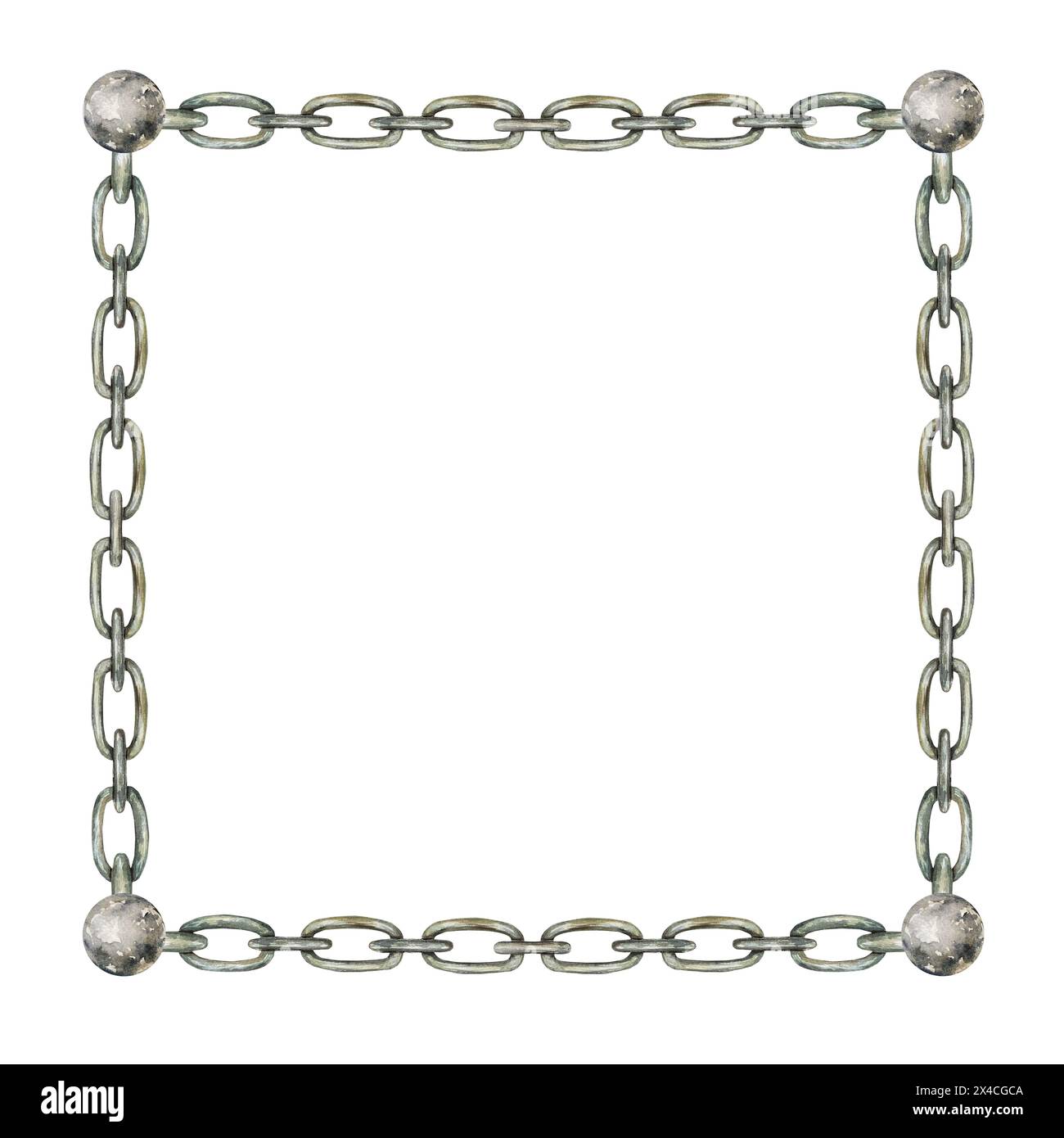 Metal chain, square frame. Hand drawn watercolor illustration isolated ...
