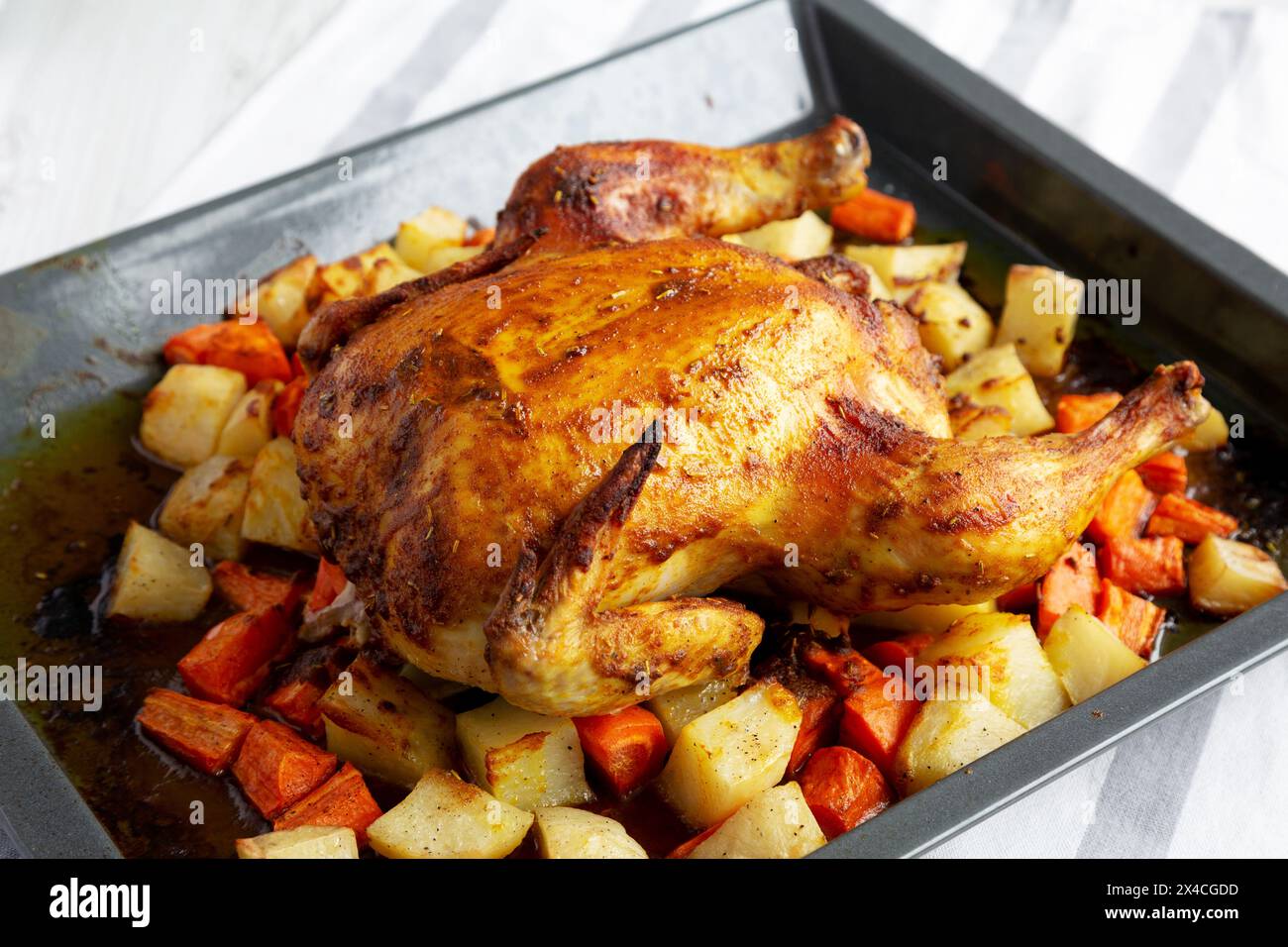 Homemade Hearty Roasted Chicken on Tray, side view Stock Photo - Alamy