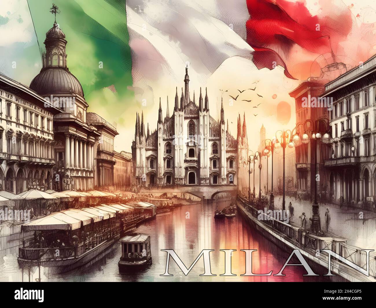 Artistic illustration of sights in Milan city in Italy merged with ...