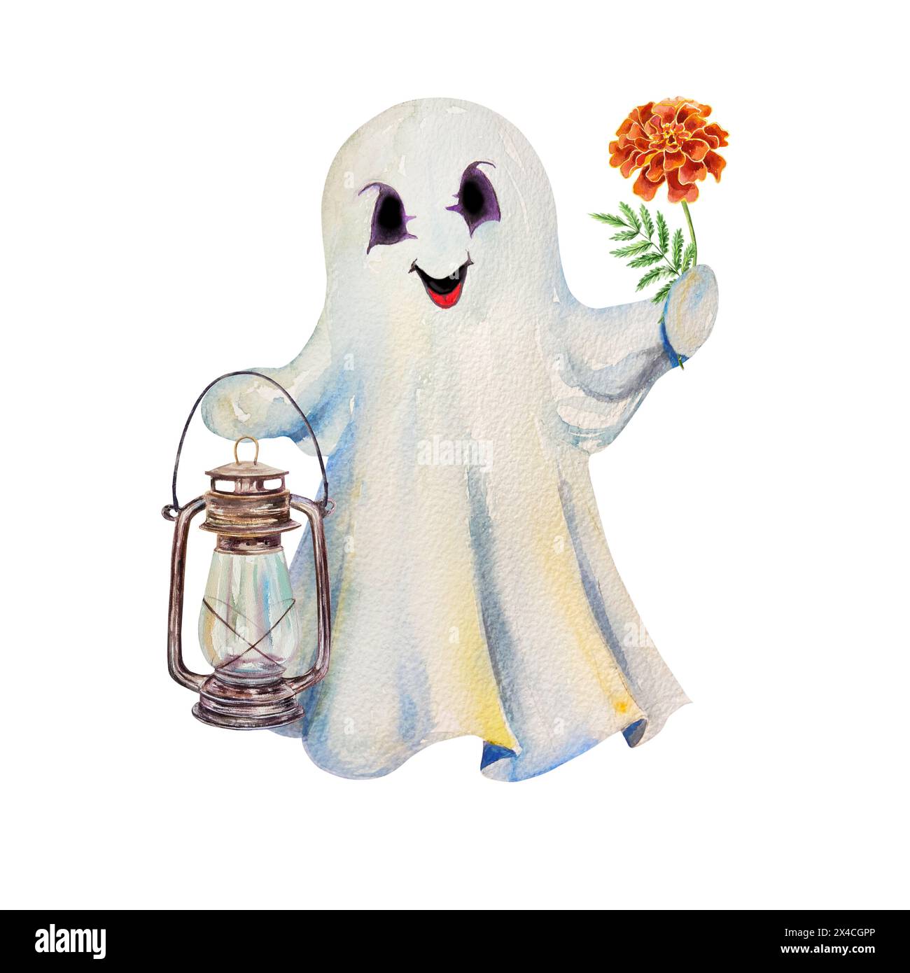 Halloween ghost in a sheet with a lamp and a flower. Hand drawn ...