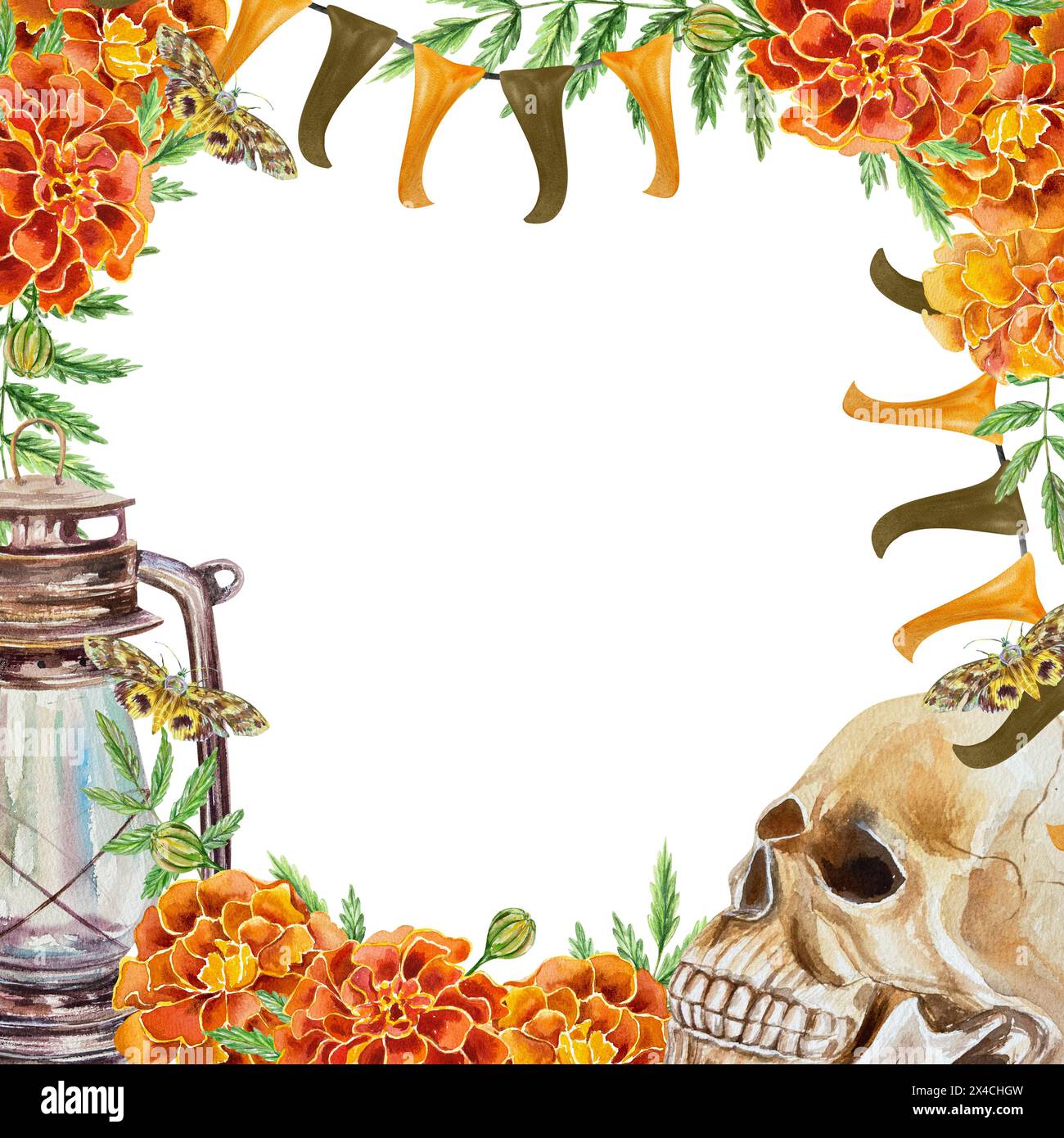 Halloween frame with skull, lamp, marigold flowers, flags. Hand drawn ...