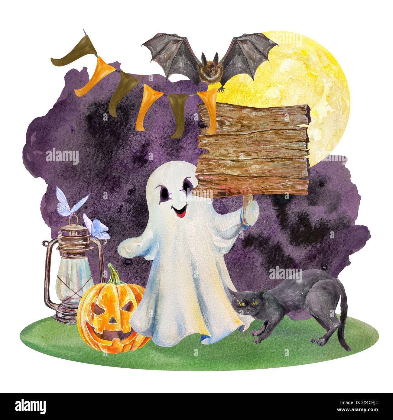 Halloween ghost, pumpkin, black cat, bat, moon, lamp, moths. Hand drawn ...
