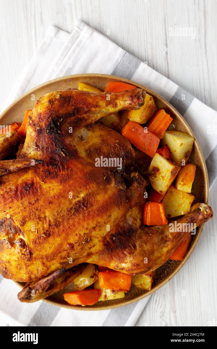 Homemade Hearty Roasted Chicken on a Plate, top view. Flat lay ...