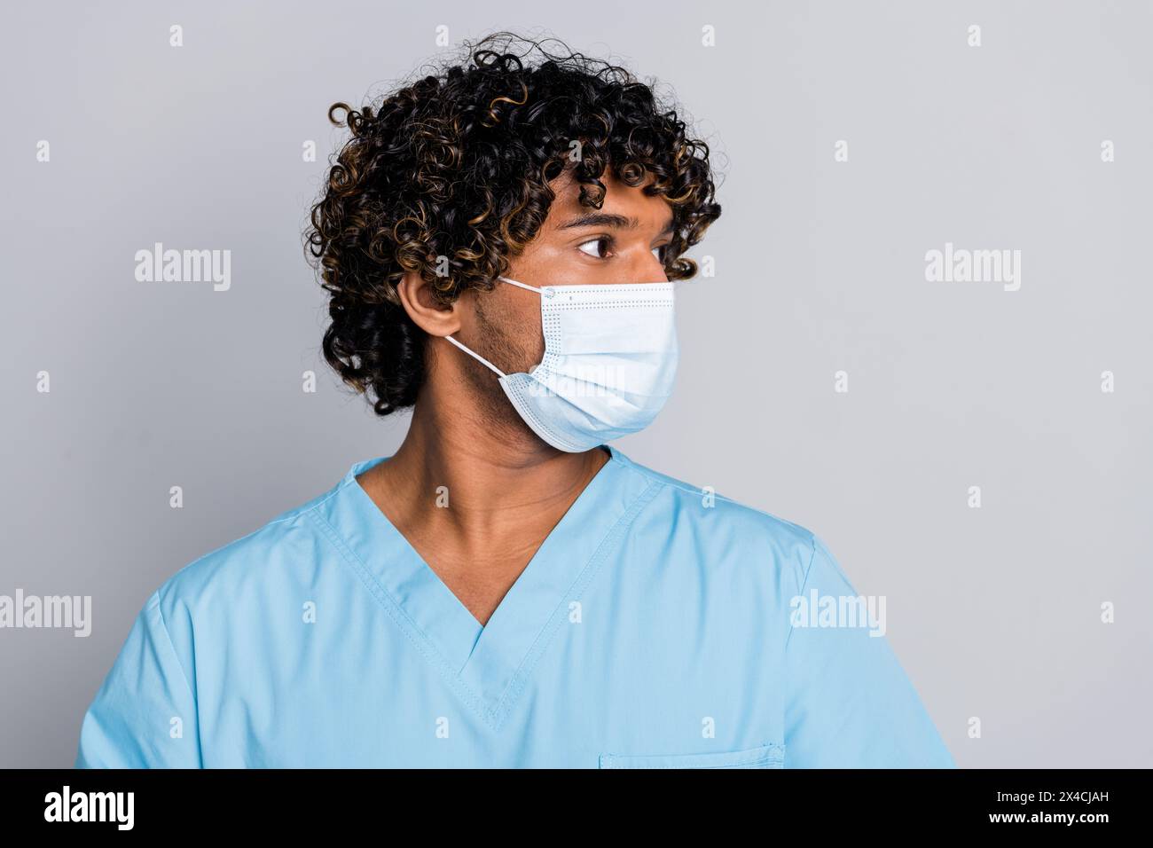 Profile side photo of doctor guy look profile side wear face mask ...
