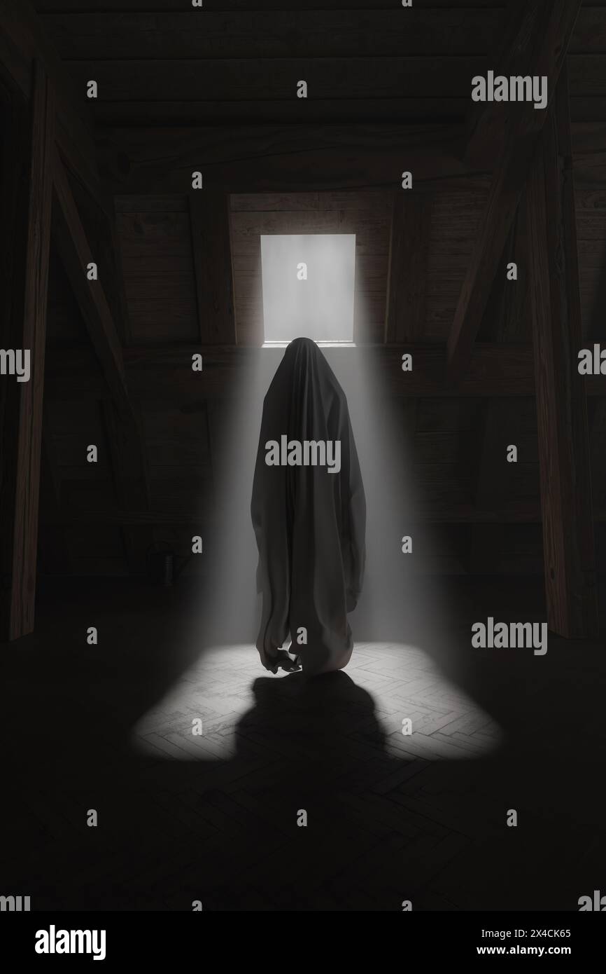 Ghost Floating In The Air Covered With A Sheet And Illuminated By A ...