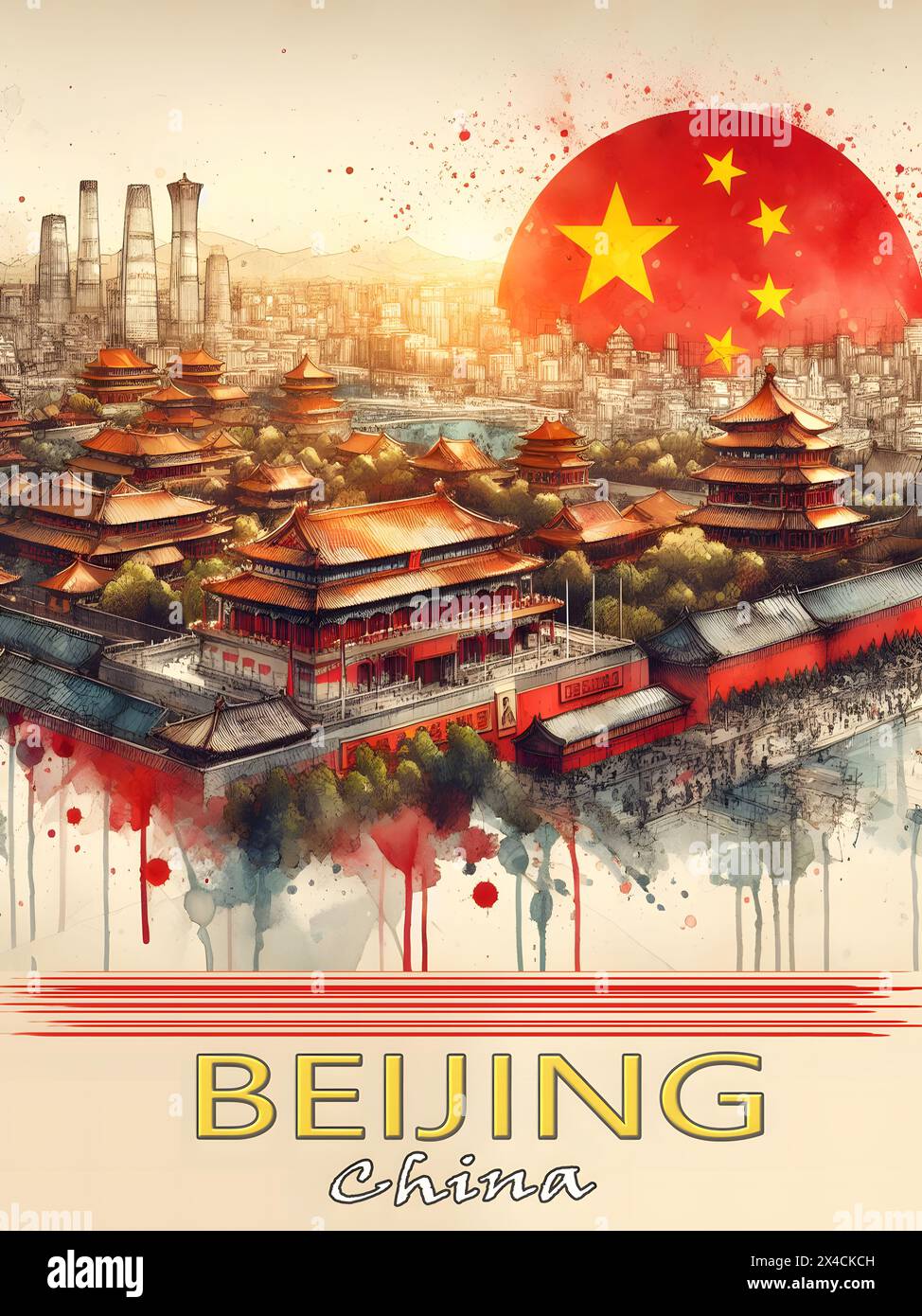 Artistic illustration of sights in Beijing city in China merged with ...