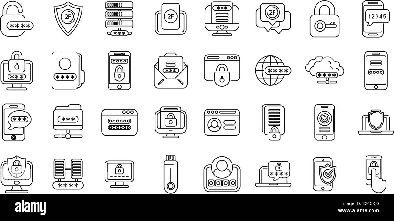 Multi Factor Authentication Icons Set Outline Vector Password Security