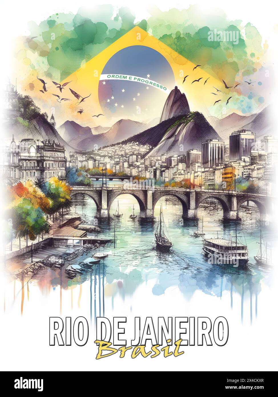Artistic illustration of sights in Rio de Janeiro city in Brasil merged ...