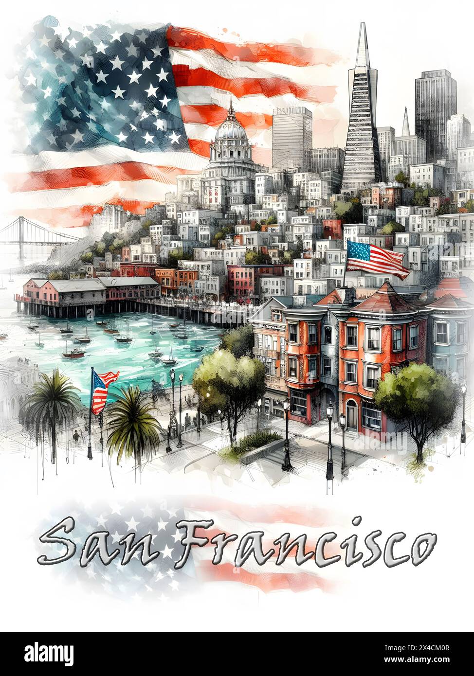 Artistic illustration of sights in San Francisco city in USA merged ...