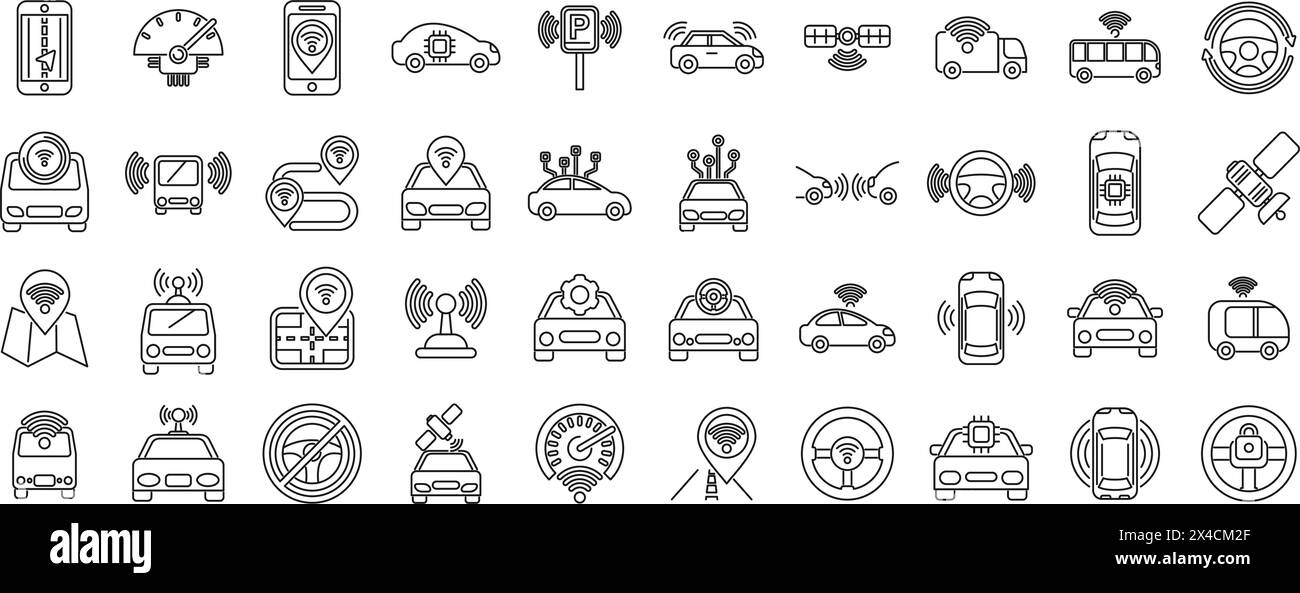 Driverless vehicle icons set outline vector. Future car. Self drive ...